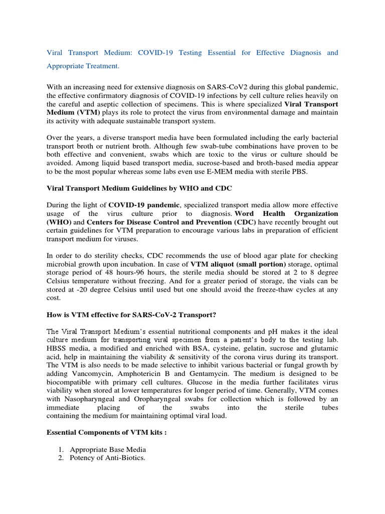 Viral Transport Medium | PDF | Growth Medium | Virus