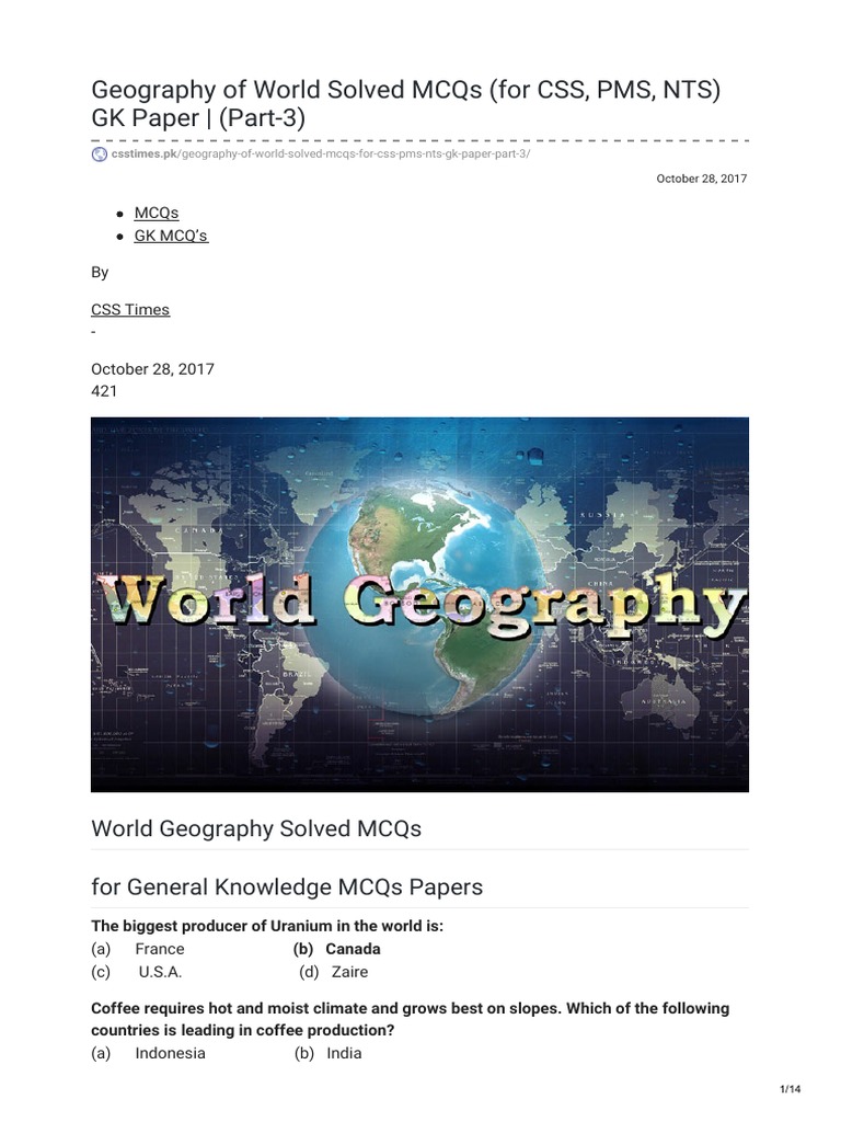 Csstimes - Pk-Geography of World Solved MCQs For CSS PMS NTS GK Paper ...