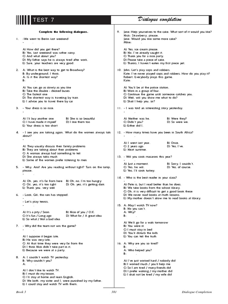 Dialogue Completion Exercises for Class 7 | PDF