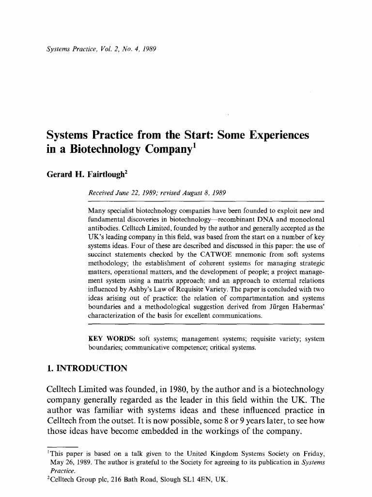 Systems Practice From The Start: Some Experiences in A Biotechnology ...