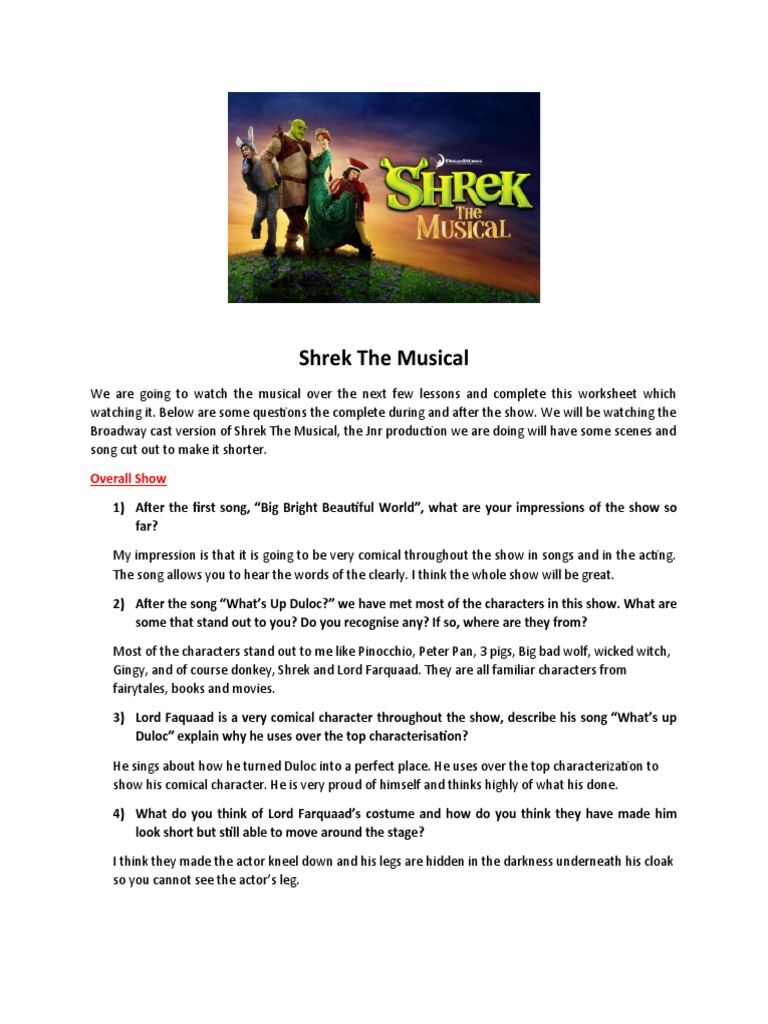 Shrek The Musical - Watch The Show Worksheet | PDF | Entertainment ...