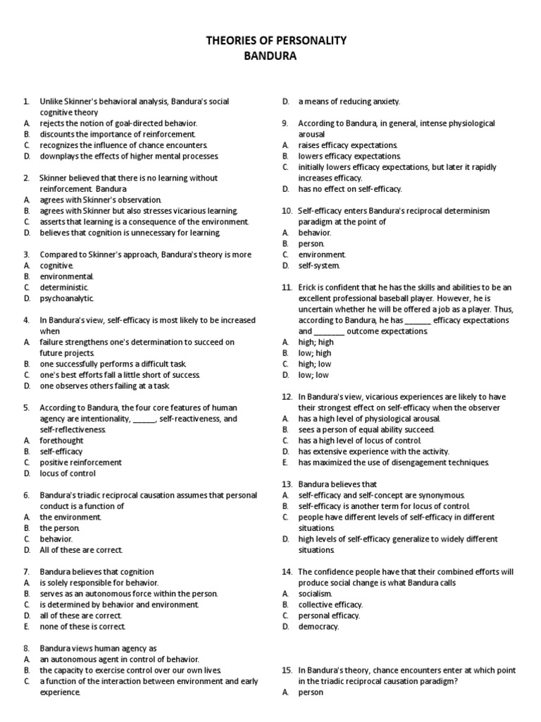 Bandura QUIZ | PDF | Self Efficacy | Reinforcement