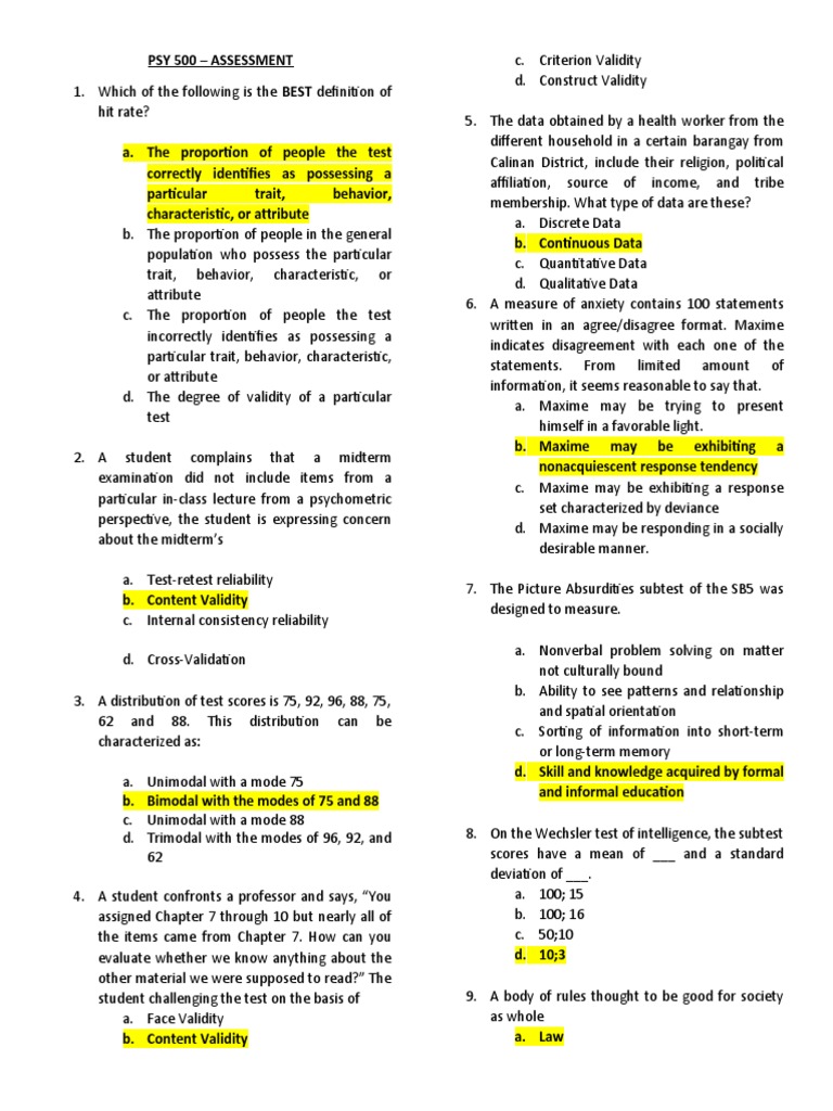 Psychology Final Test-Compile | PDF | Validity (Statistics) | Test ...