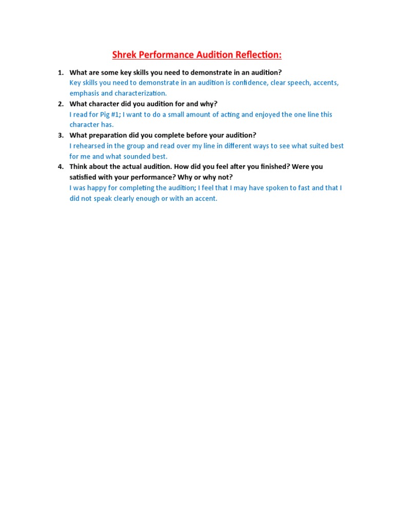 Shrek Audition Reflection and Skills | PDF