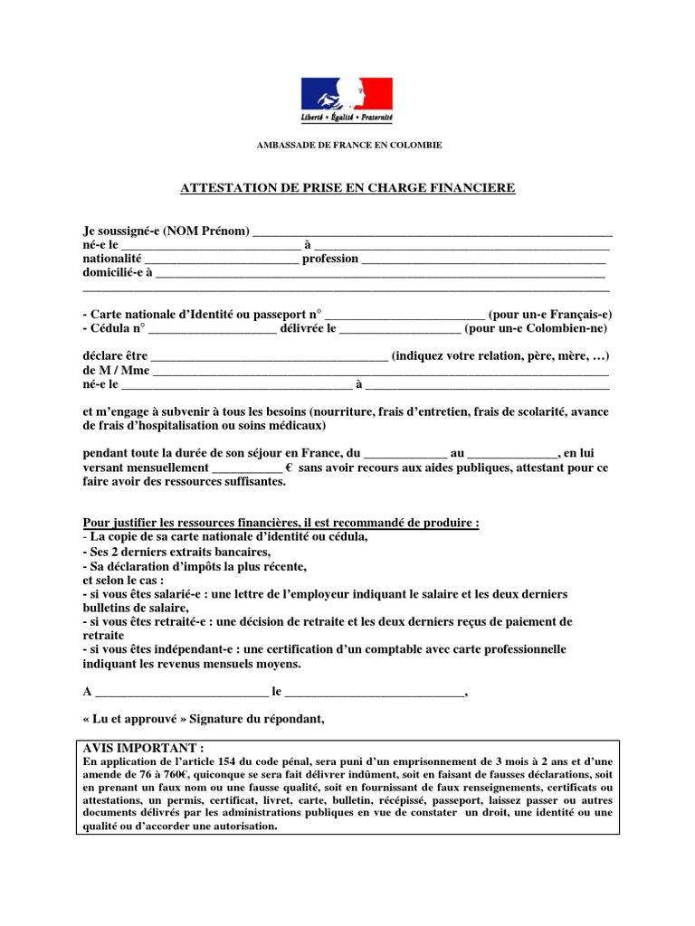 Attestation de Prise en Charge Etudiant FR | PDF | Passeport | Gouvernement
