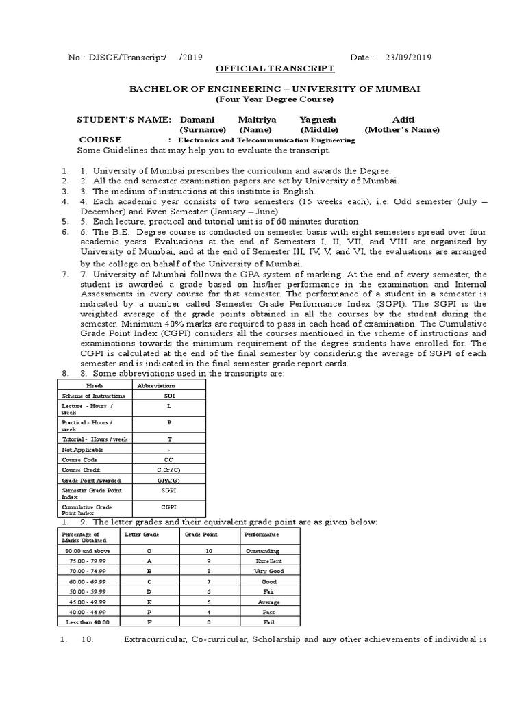 Transcript Format Mumbai University
