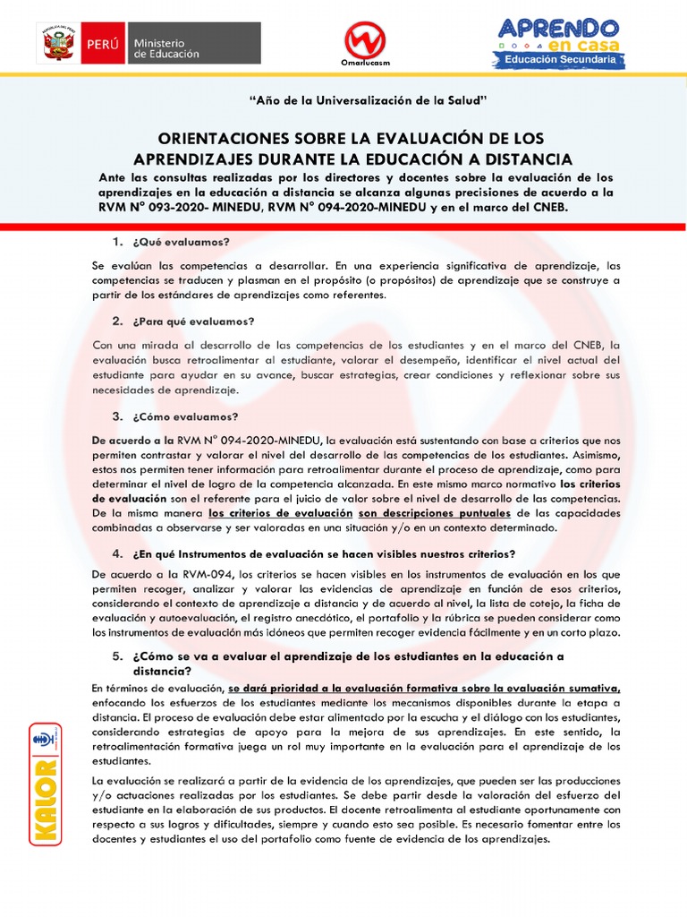 Orientaciones Sobre La Evaluación de Los Aprendizajes Durante La Educación A Distancia Ccesa007 ...