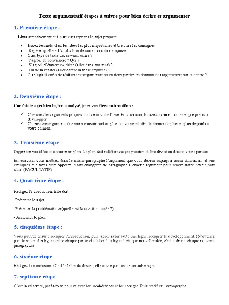 Texte Argumentatif Étapes À Suivre Pour Bien Écrire Et Argumenter | PDF