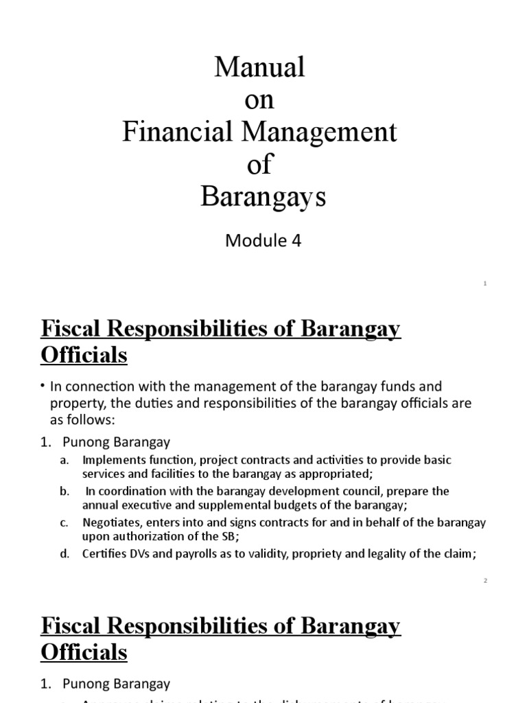 Barangay Financial Management Manual | PDF | Appropriation (Law) | Audit