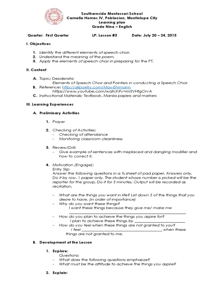 Speech Choir Lesson Plan | PDF | Psychological Concepts
