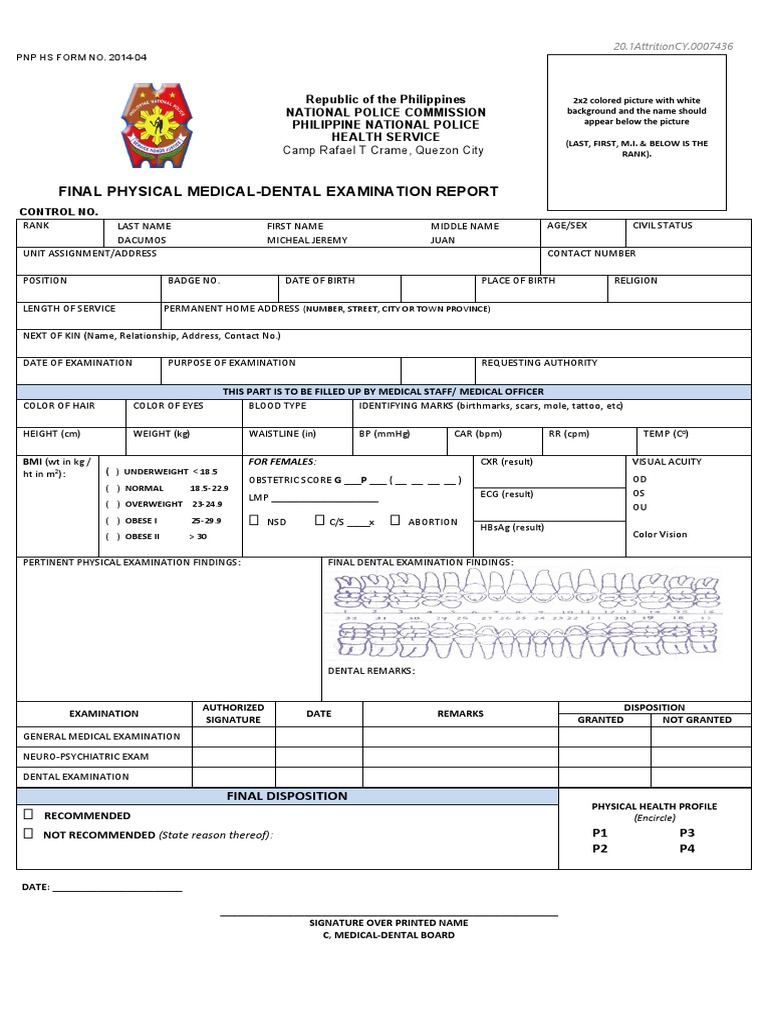 Final Physical Medical-Dental Examination Report | PDF | Obesity ...