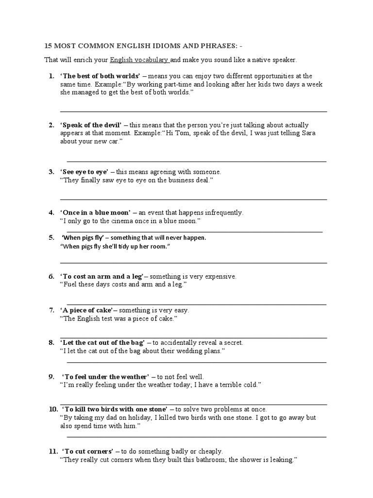 15 Common English Idioms Explained | PDF | Language Arts & Discipline ...