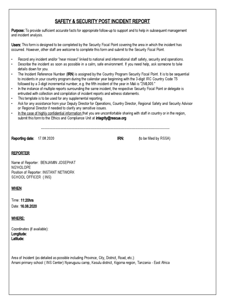 Theft Incident Report Template