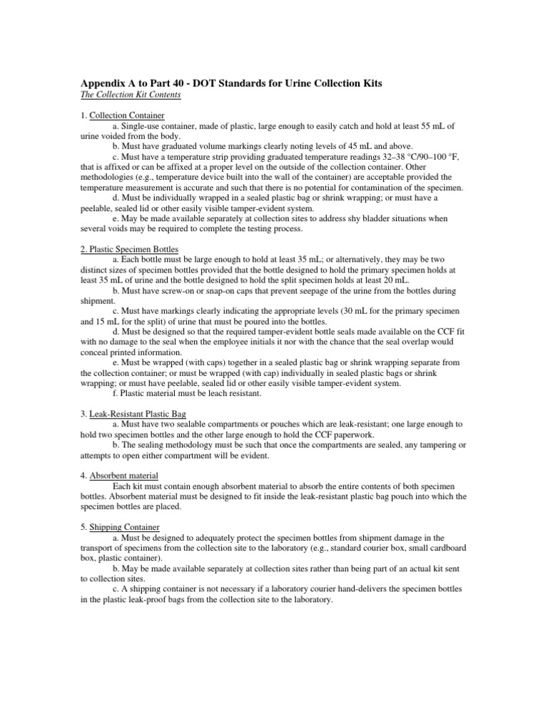 DOT Standards for Urine Collection Kits | PDF | Bottle | Plastic