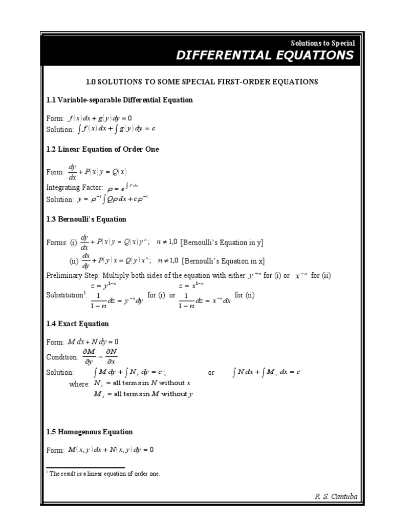 Differential Equations 1 0 Solutions To Some Special First Order Equations 1 1 Variable