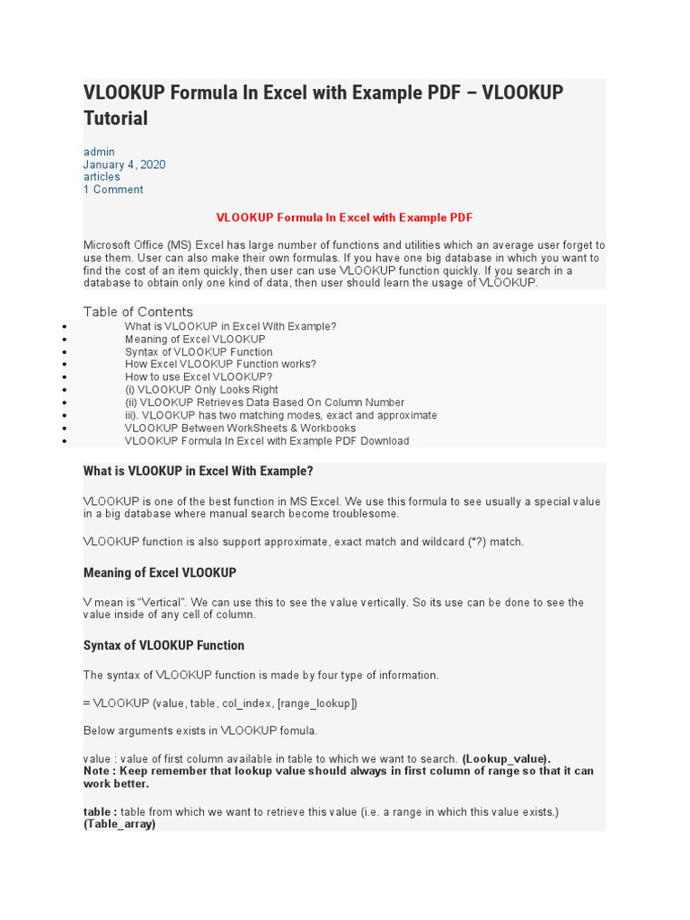 Vlookup Function In Excel With Example Pdf