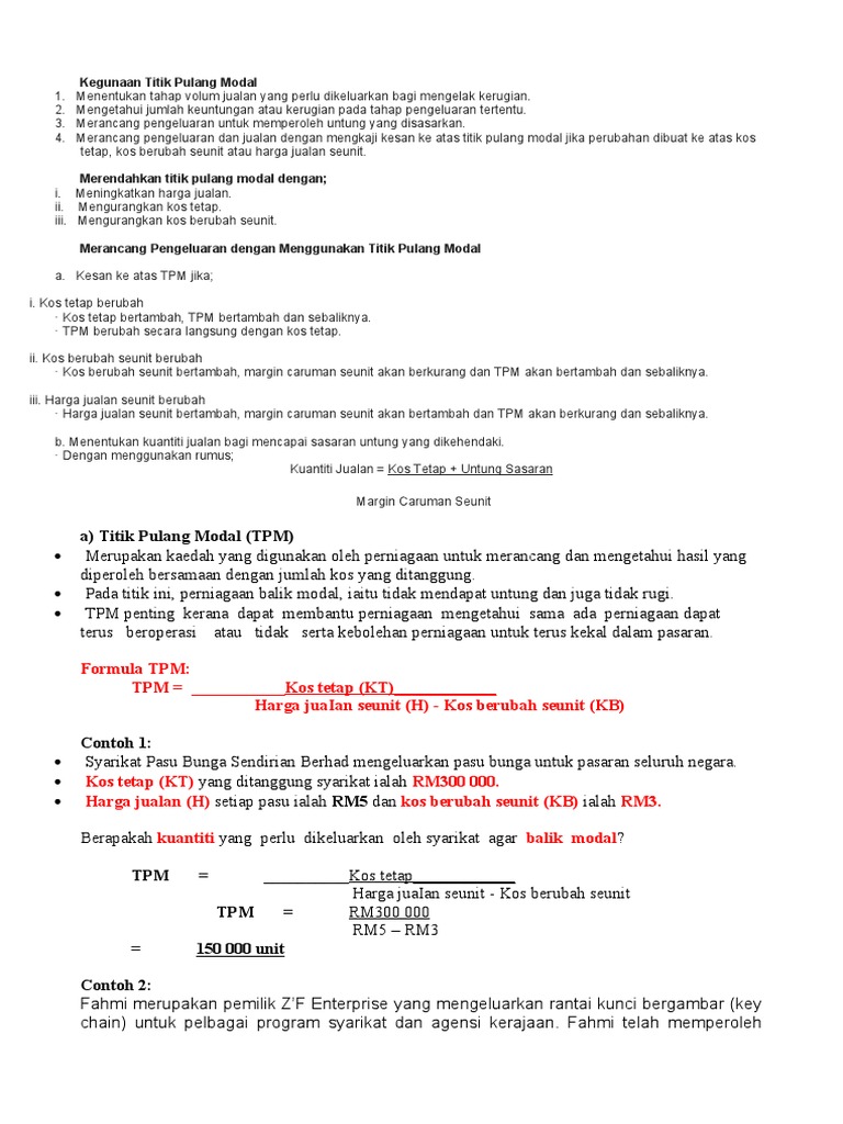 Nota Kegunaan Titik Pulang Modal | PDF