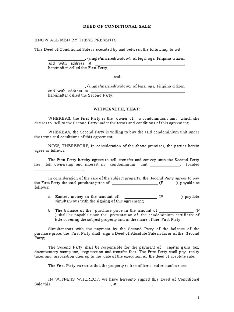 MyLegalWhiz - Deed of Conditional Sale Condominium Unit | PDF | Deed ...