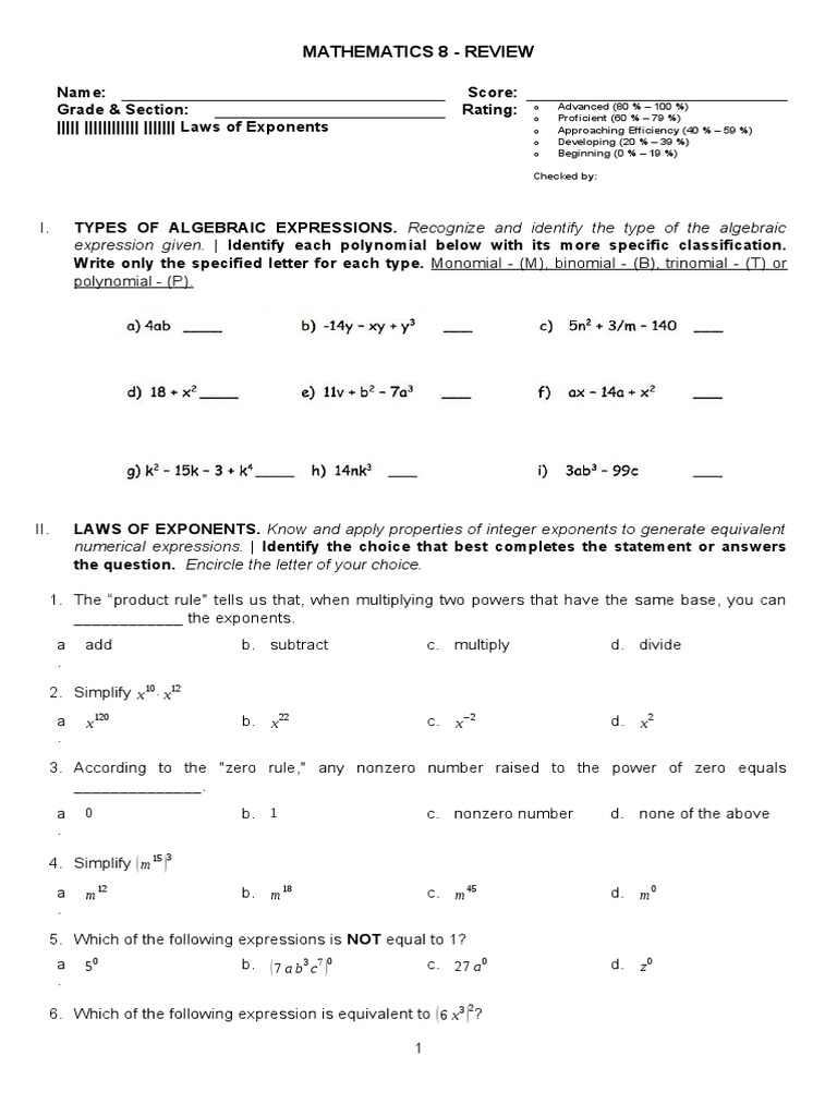 Review - Algebraic Expressions and Laws of Exponents | PDF ...