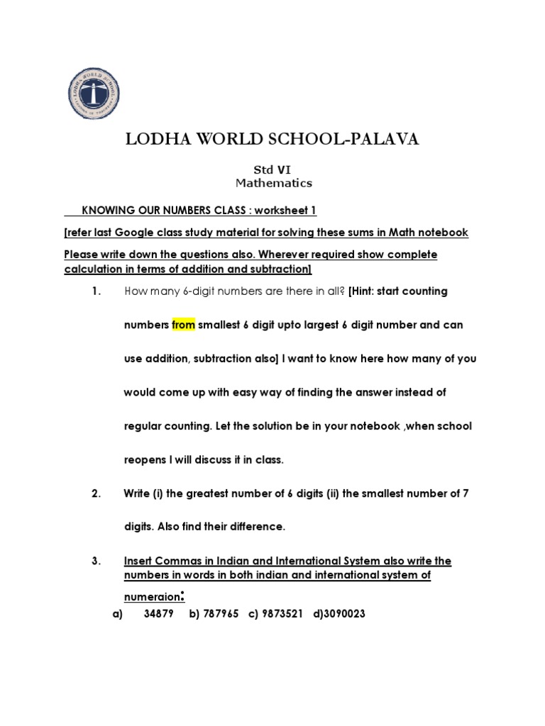 Worksheet 1 Knowing Our Numbers | PDF