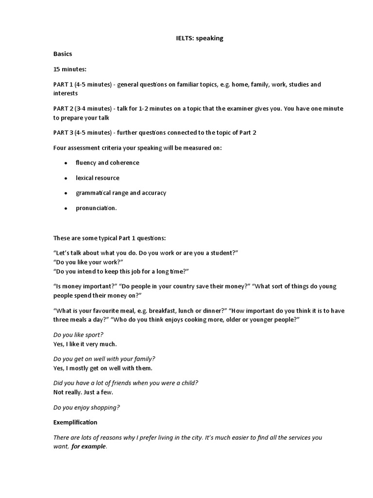 IELTS: Speaking Basics: Exemplification | PDF | English Language | Grammatical Tense
