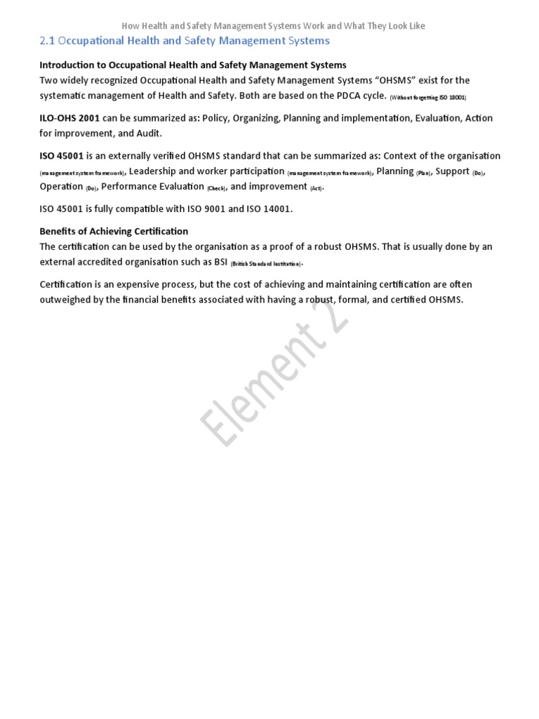 Element 2 How Health and Safety Mangement Systems Work and What They ...