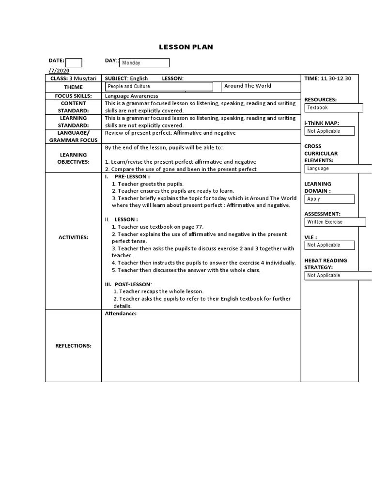 Grammar Lesson Plan: Present Perfect | PDF | Lesson Plan | Education Theory