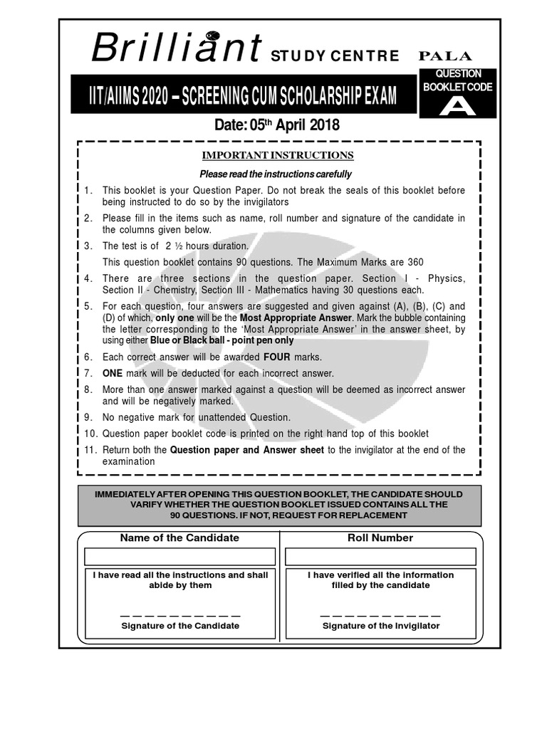 Brilliant Pala IIT/AIIMS Test Paper 2018 | PDF | Oxide | Redox