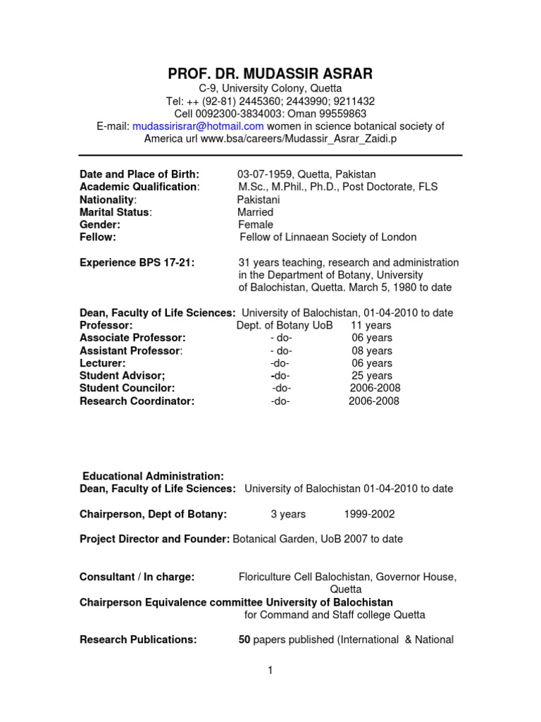 An Extensive CV Detailing the Academic and Professional Experience of Professor Dr. Mudassir ...