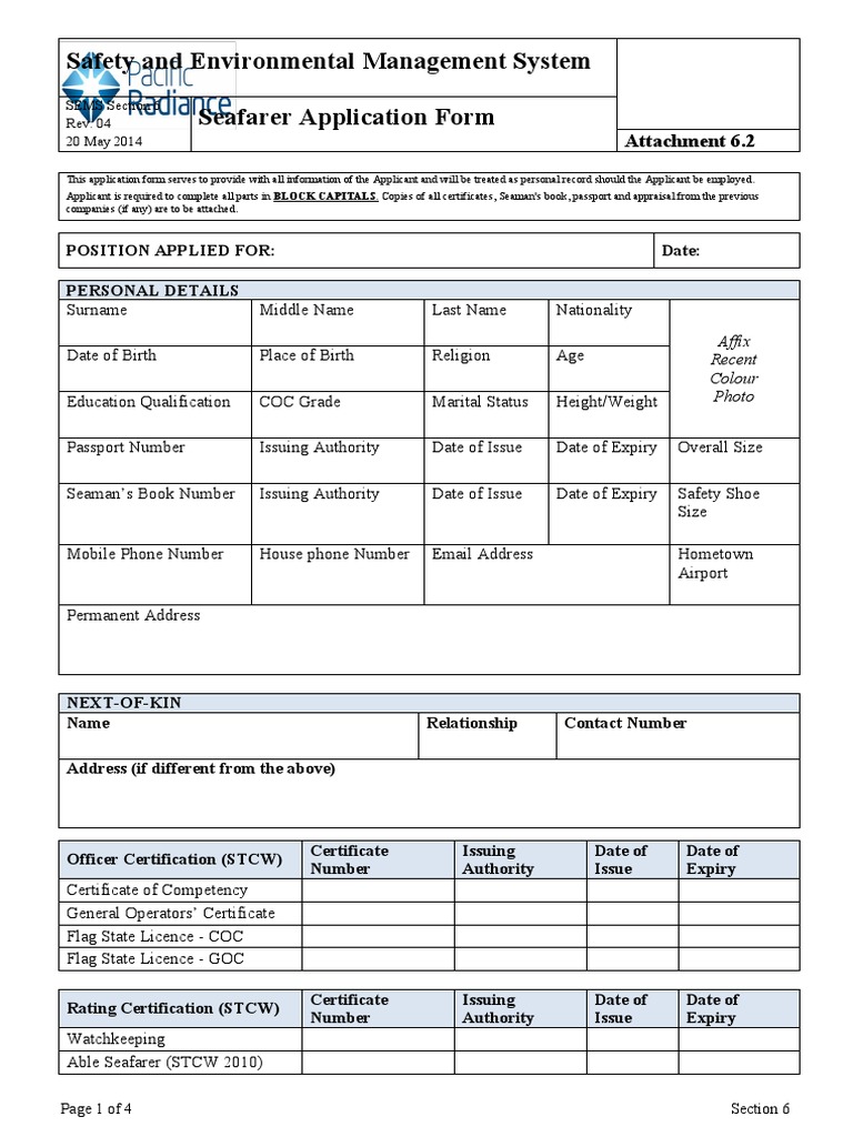 Safety and Environmental Management System Seafarer Application Form ...