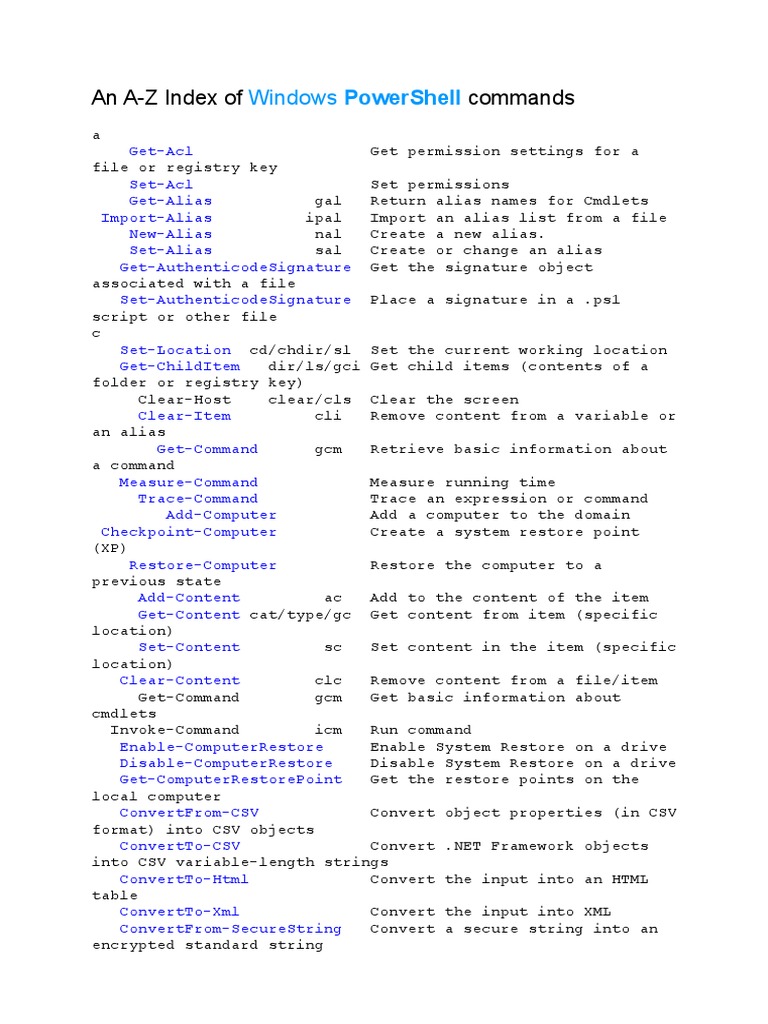 An A-Z Index of Commands: Windows Powershell | PDF | Windows Registry | Command Line Interface