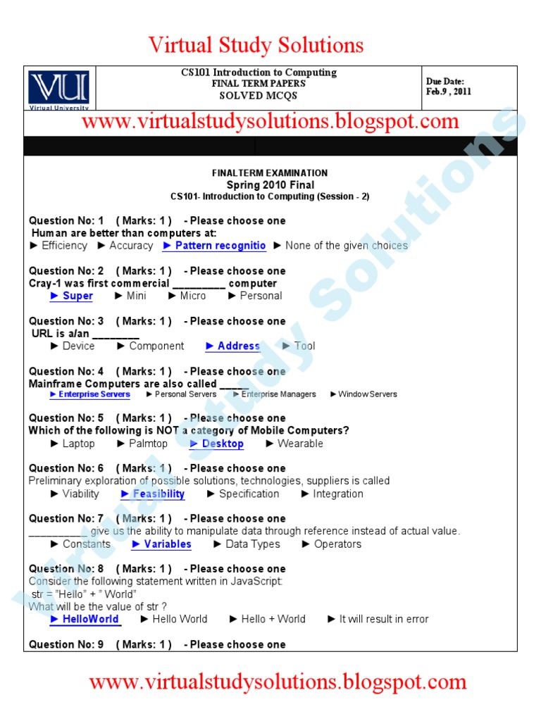 CS101 Final Term Solved MCQS PDF | PDF | File Transfer Protocol | Computer Network