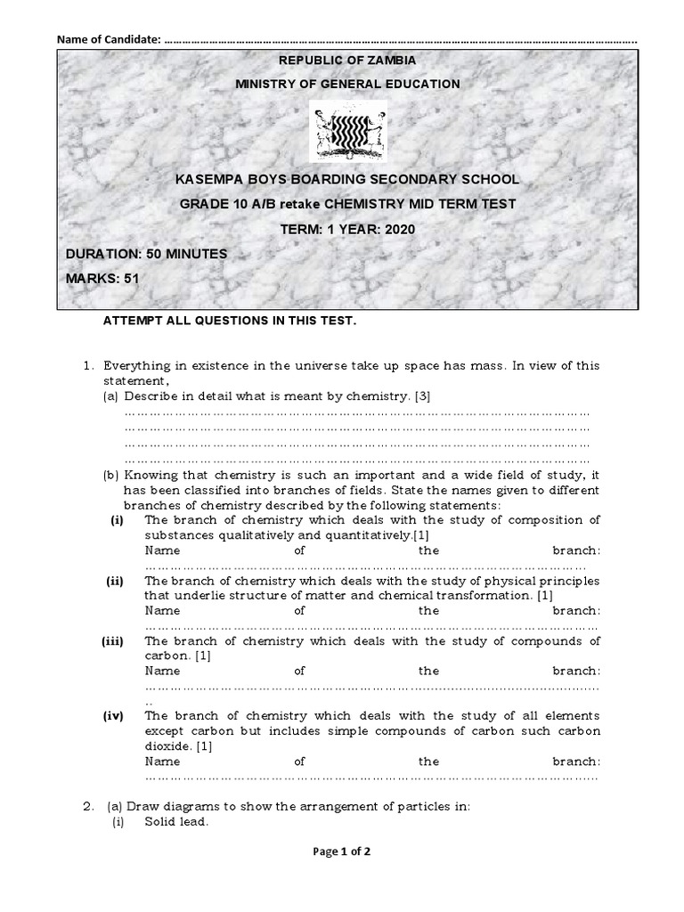 Grade 10 A Chemistry Mid Term Test | PDF | Gases | Chemical Substances