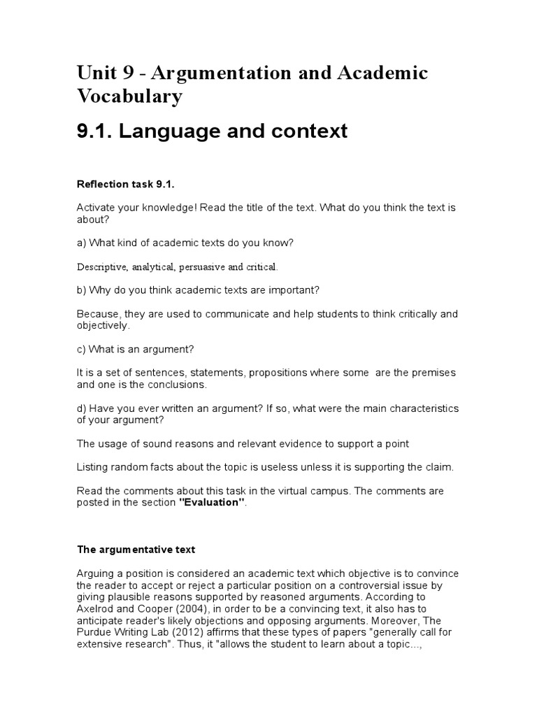 Unit 9 - Argumentation and Academic Vocabulary 9.1. Language and ...