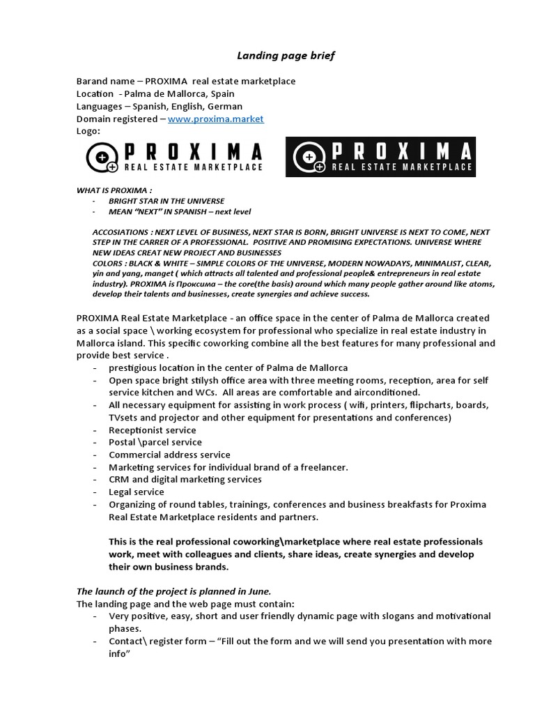 PROXIMA Landing Page Brief | PDF | Cyberspace | Communication