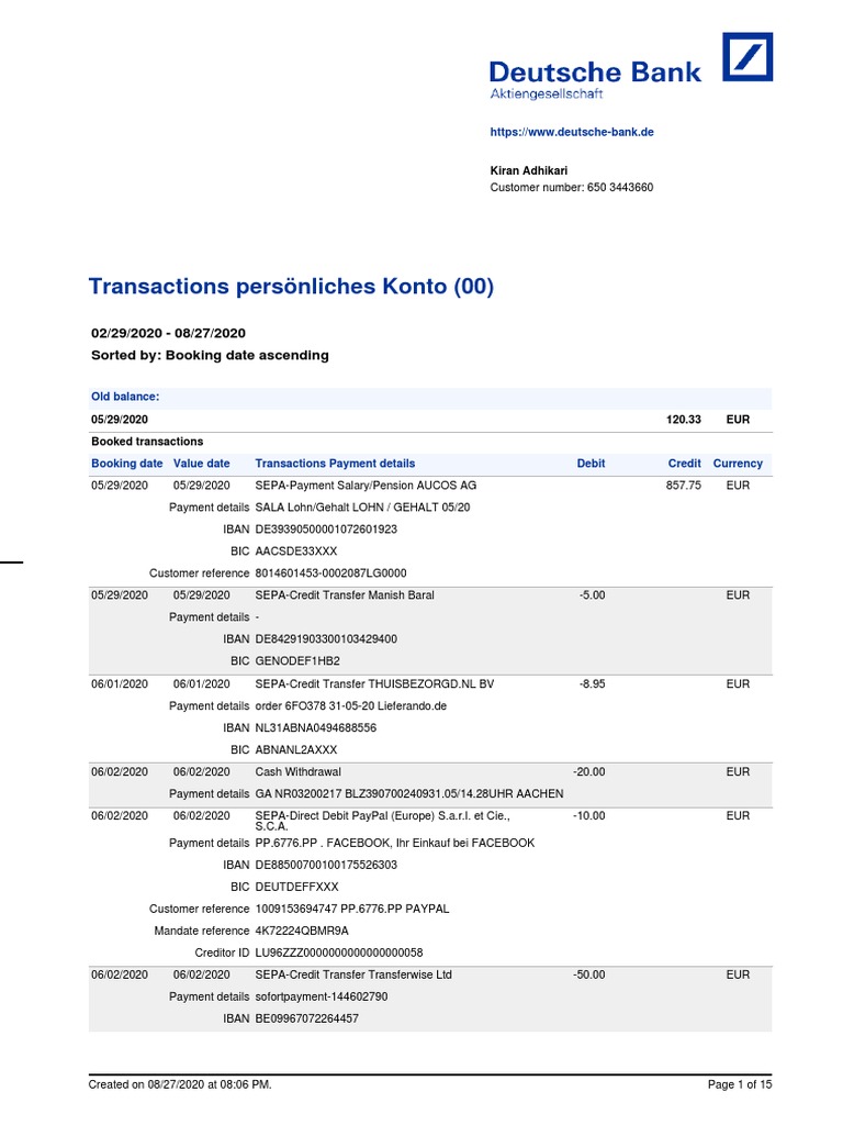 Deutsche Bank Transaction Summary | PDF | Payments | Debit Card