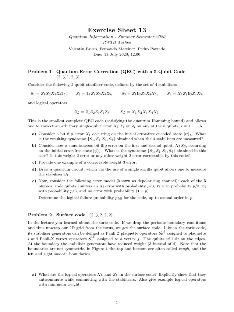 Exercise Sheet 13: Quantum Information - Summer Semester 2020 | PDF | Eigenvalues And ...