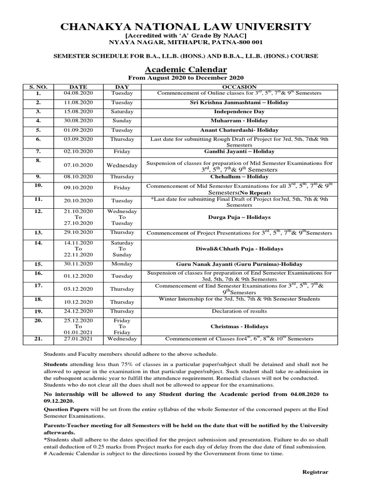CNLU Academic Calendar 2020 | PDF | Academic Term | Educational ...