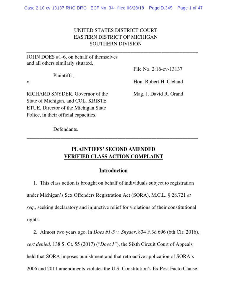 Michigan Sex Offenders Registration Act Sora Second Amended Complaint