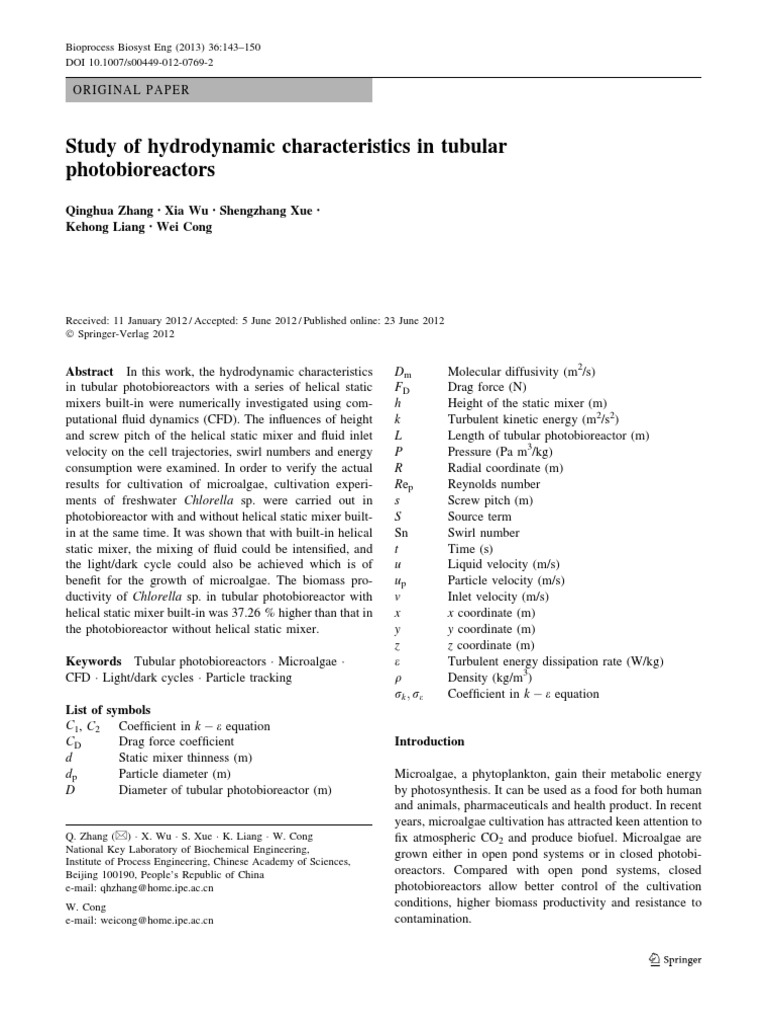Zhang (2013) Study of Hydrodynamic Characteristics in Tubular Photobioreactors | PDF | Chemical ...