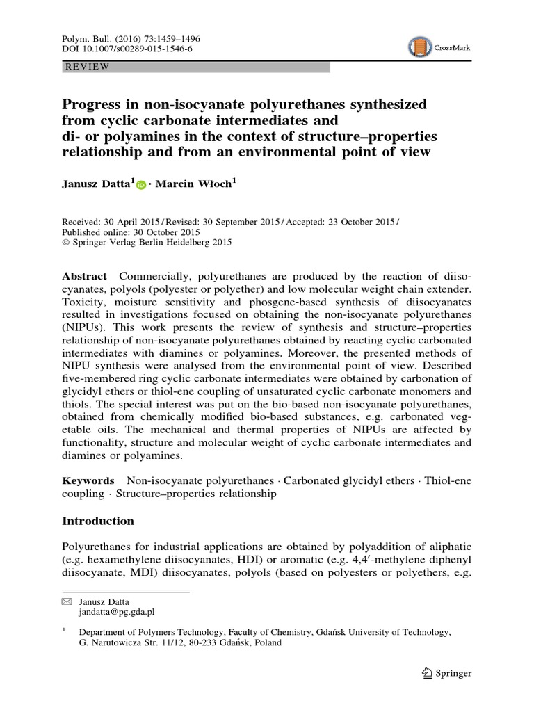 2016 Progress in Non-Isocyanate Polyurethanes Synthesized PDF | PDF ...