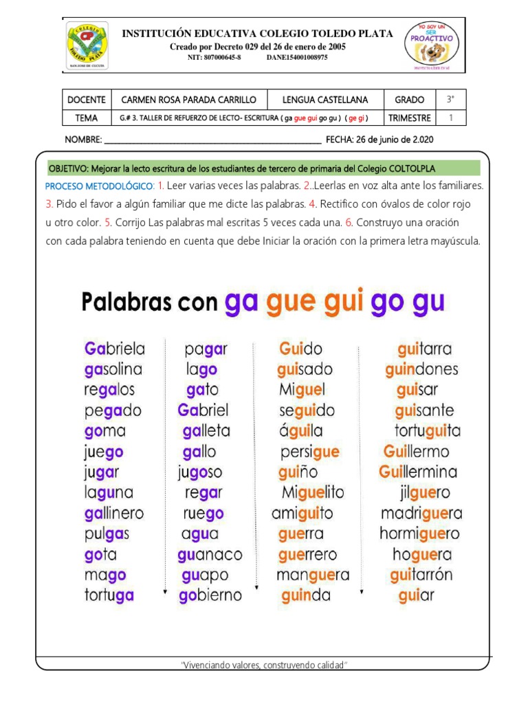 G#3. 3° TALLER DE REFUERZO DE LECTO ESCRITURA (ga gue gui go gu) (ge gi ...