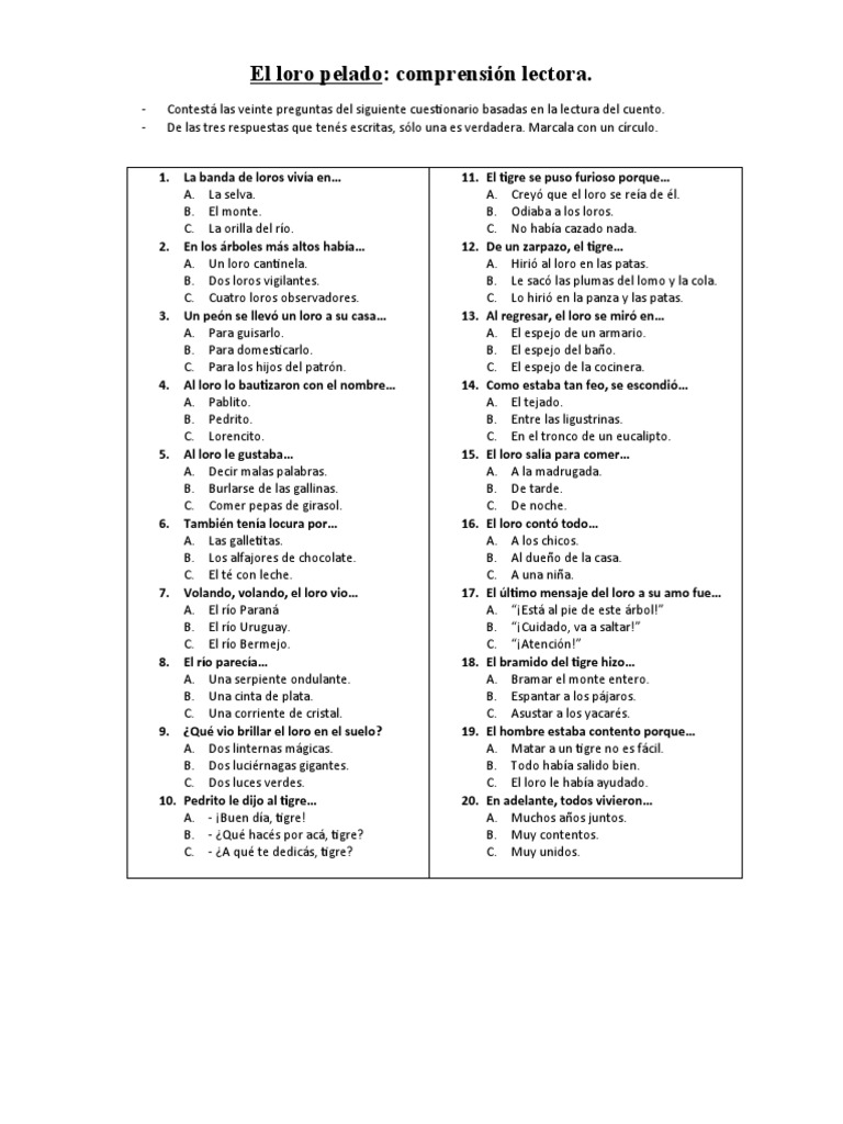 Actividades de comprensión: El loro pelado | PDF