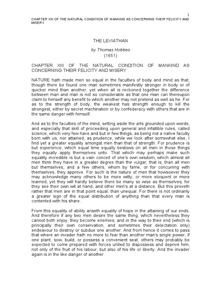 Hobbes' Leviathan: Chapter 13 Summary | PDF | Law