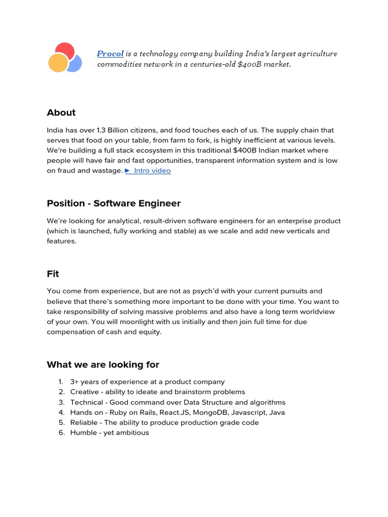 (JD) Procol - Software Engineer | PDF | Information Technology | Software