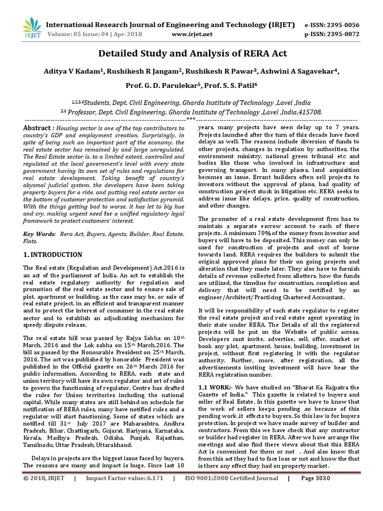 Detailed Study and Analysis of RERA Act PDF | PDF | Economies | Business