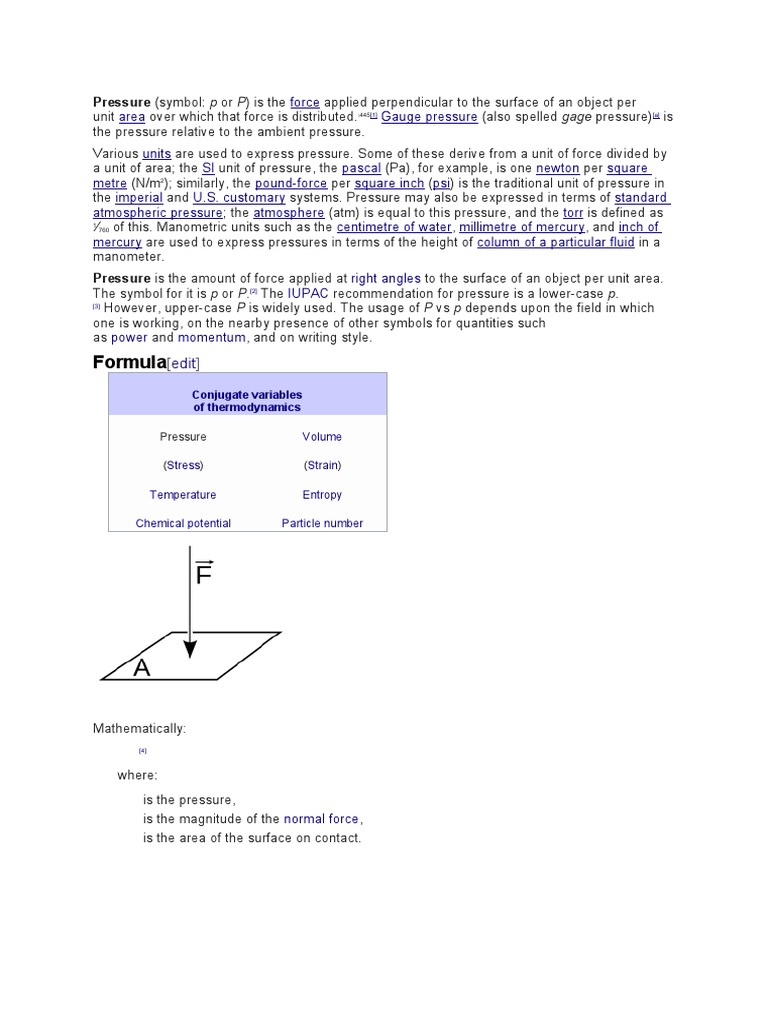 Formula: Pressure (Symbol: P or P) Is The | PDF