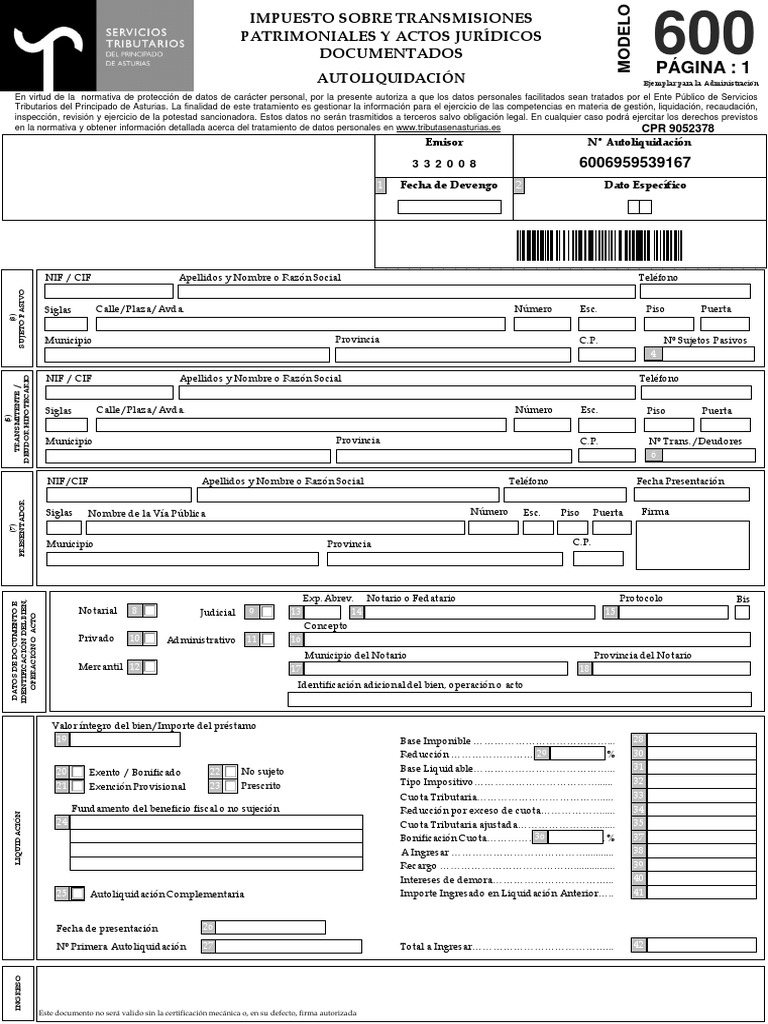 Modelo 600: Autoliquidación Asturias | PDF | Privacidad de la ...