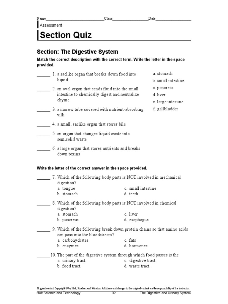 Section Quiz: Section: The Digestive System | PDF