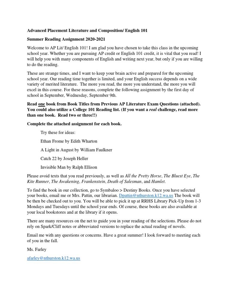 AP Lit Summer Reading Complete Assignment 2020 | PDF | Writers